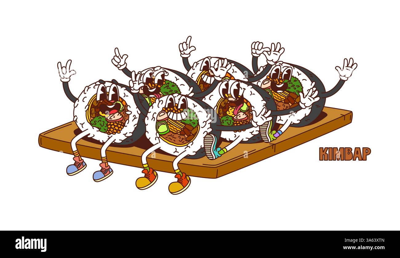 Korean cuisine cartoon characters of kimbap rolls with funny faces ...