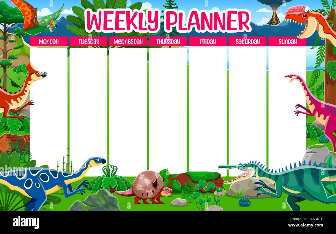 Weekly planner schedule with funny cartoon dinosaurs, vector week plan ...