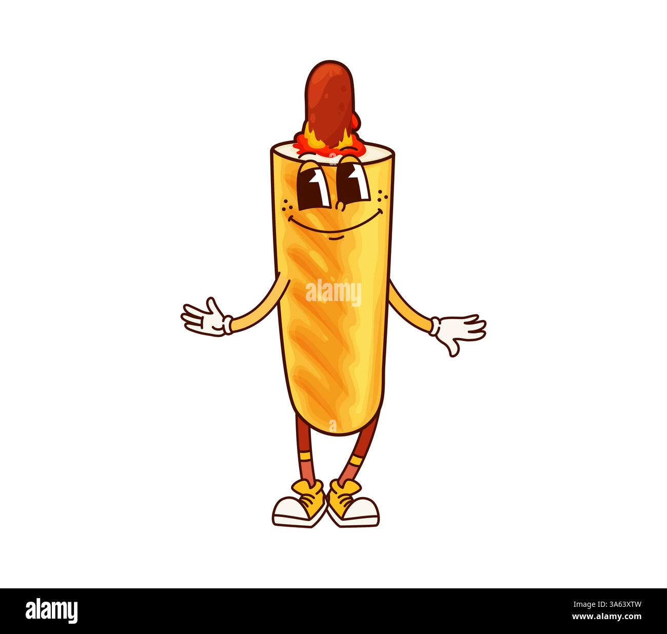 Cartoon fast food corn dog groovy character. Takeaway meal funny retro ...
