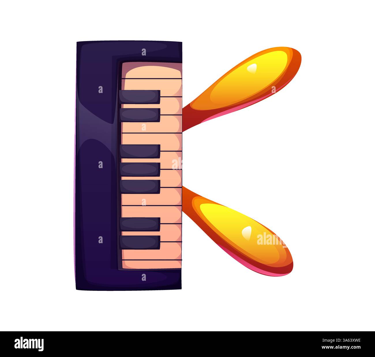 Cartoon musical font letter k as a piano keyboard with pedals, music ...