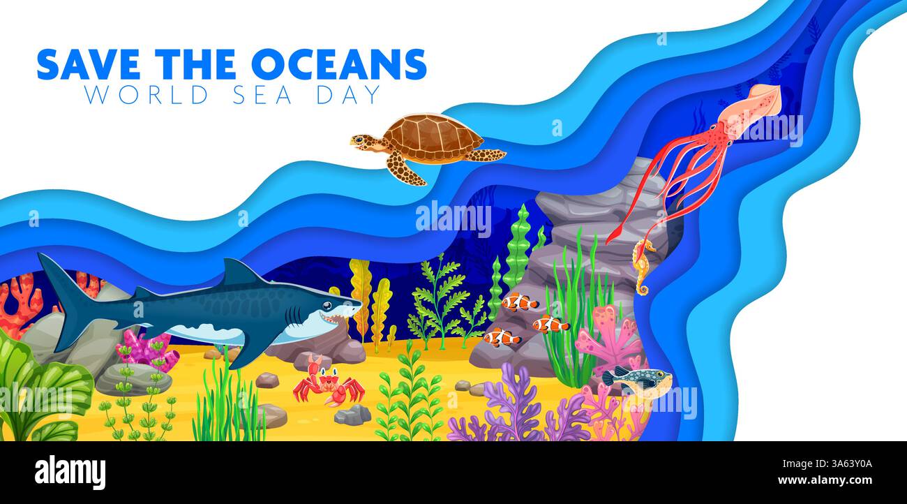 Save the ocean paper cut banner with underwater landscape and marine ...