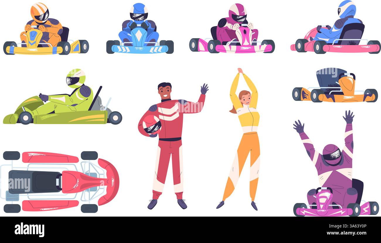 Kart racers. Go-karts drivers team sport competition, karting race fun extreme summer game ...