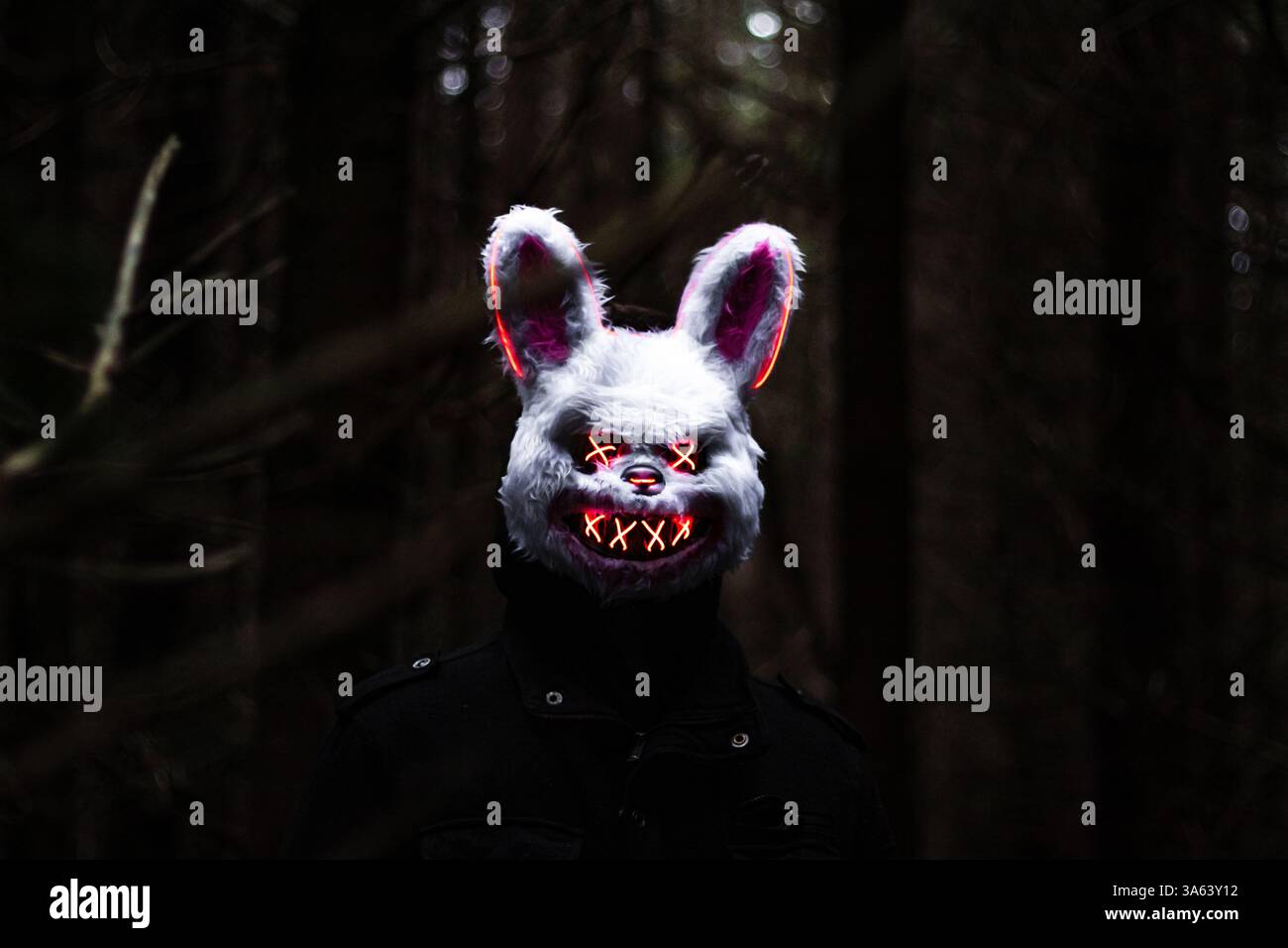 Creepy LED Bunny Mask in Dark Forest - Spooky Halloween Horror Concept ...