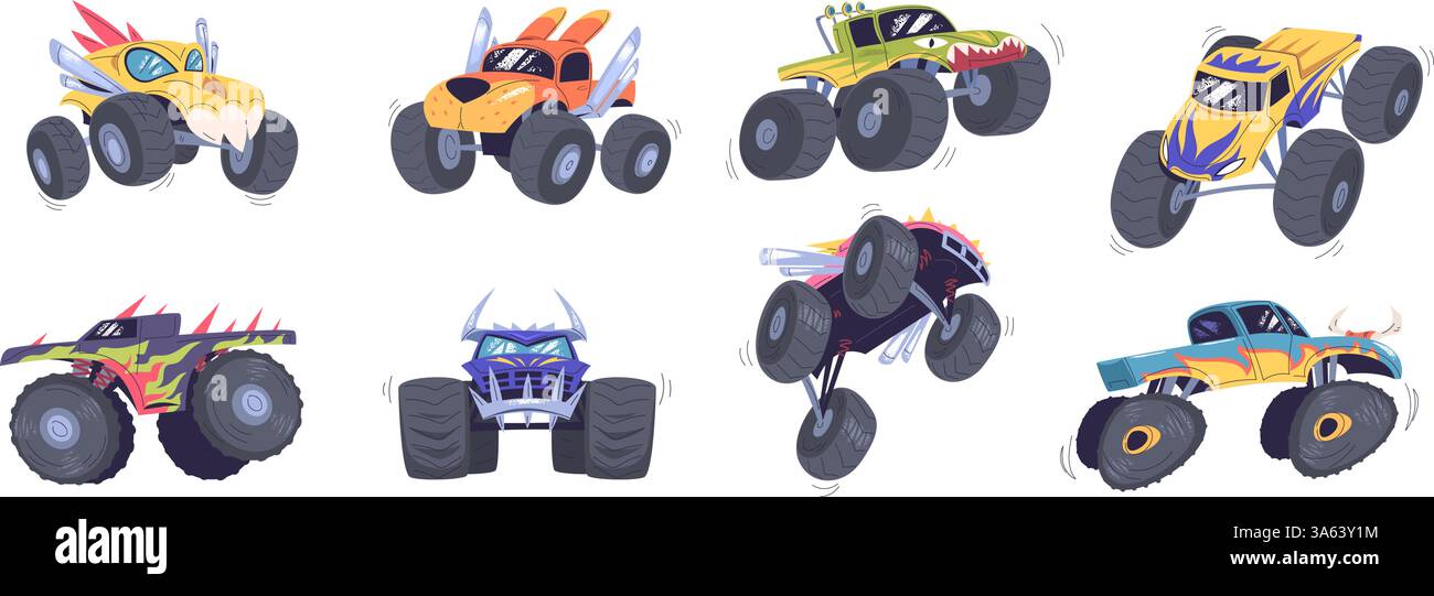 Monster trucks set. Cartoon monstertruck toy cars, pickup with big tire ...