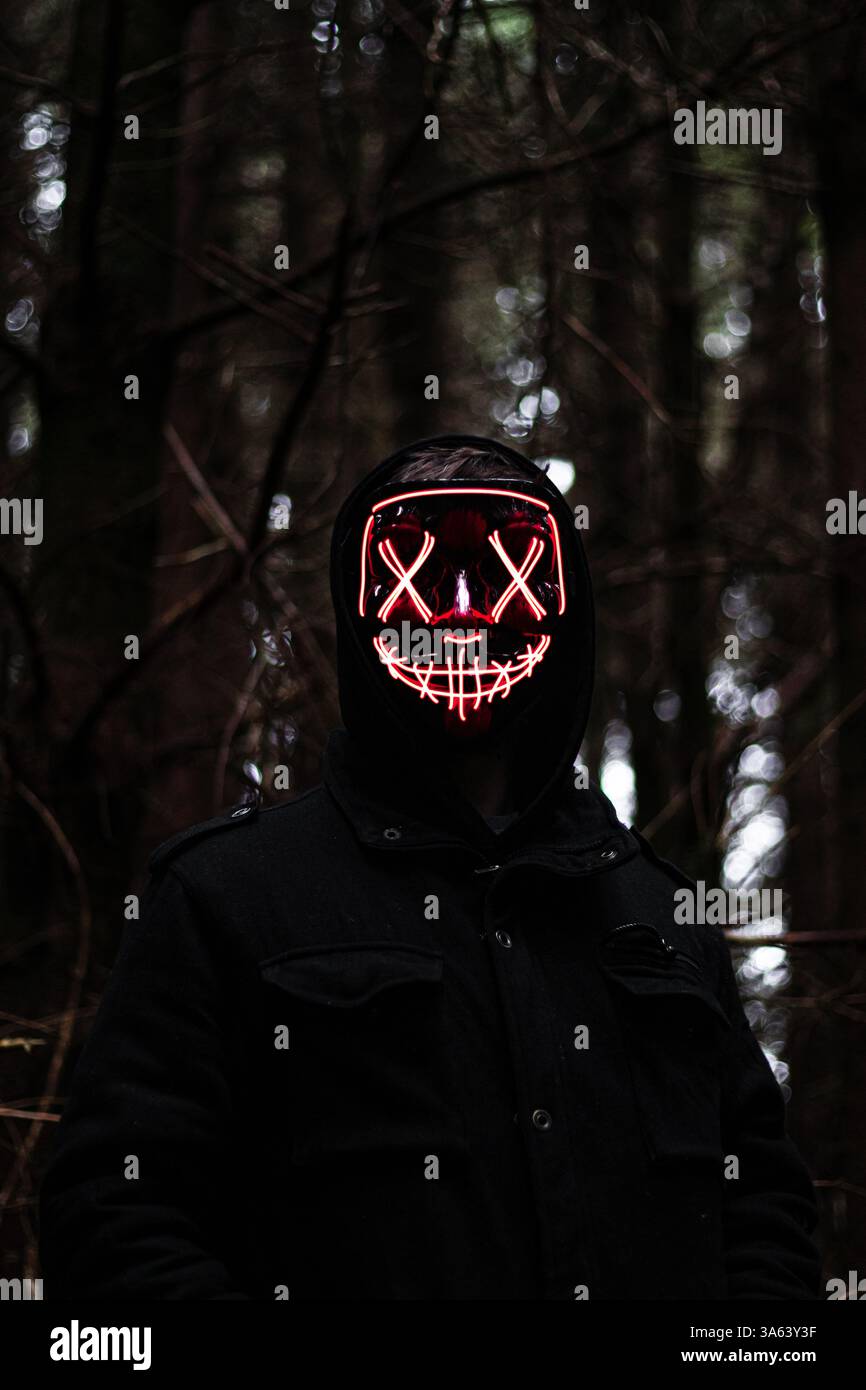 Scary LED Purge Mask in Dark Forest - Creepy Halloween Horror Vibes ...