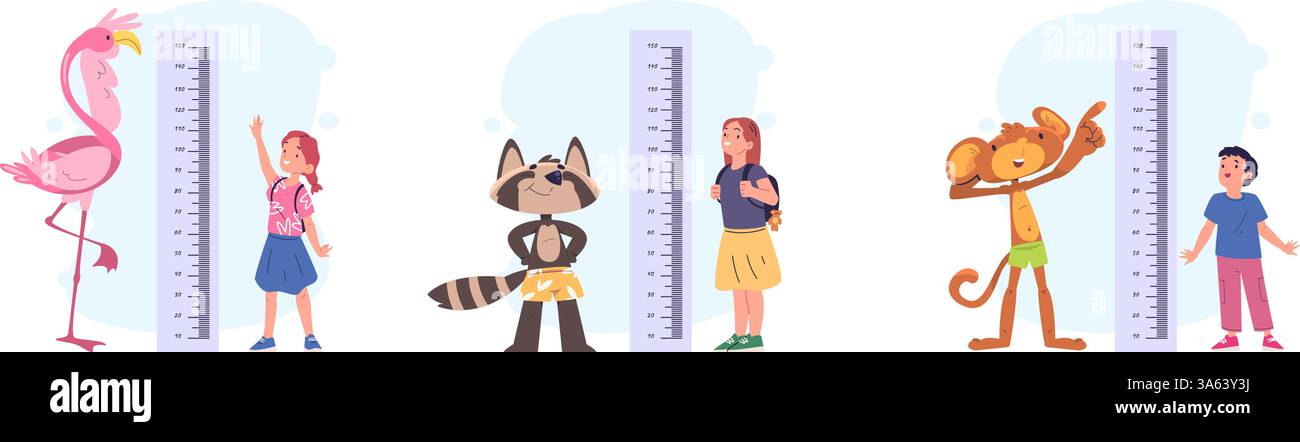 Kid height meisure. Children with baby animals meisuring growth at wall ...