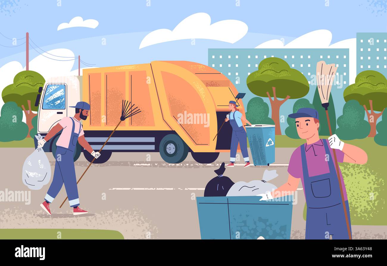 Garbage truck loading. Street cleaners load containers into trash car ...