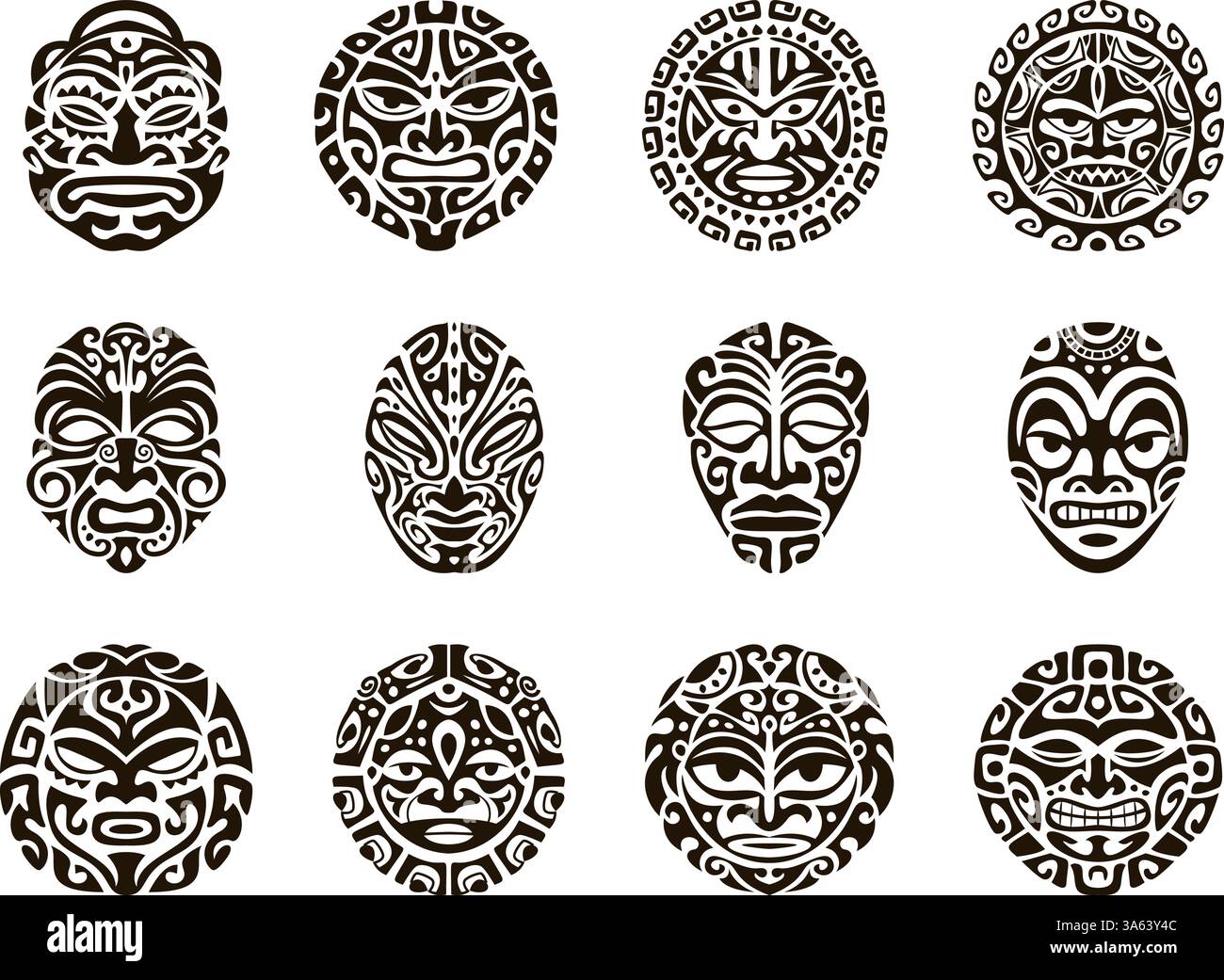 Maori mask. Polynesian tribal ritual masks pattern face tattoo, tiki mayan african peru aztec ...