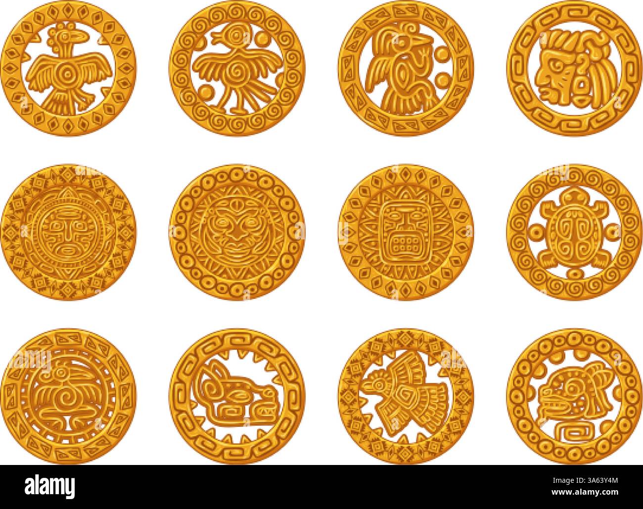 Maya golden ornament. Mayan gold coin game ui icons, aztec inca mexican ...