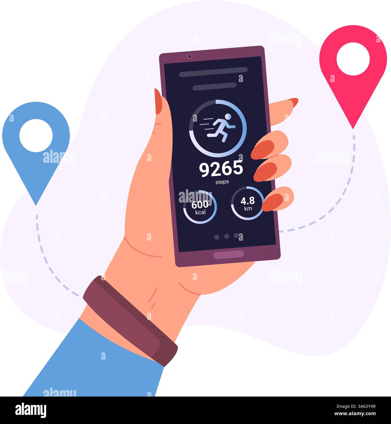 Pedometer app. Hand holding smartphone with step counter smart monitor, mobile phone fitness ...