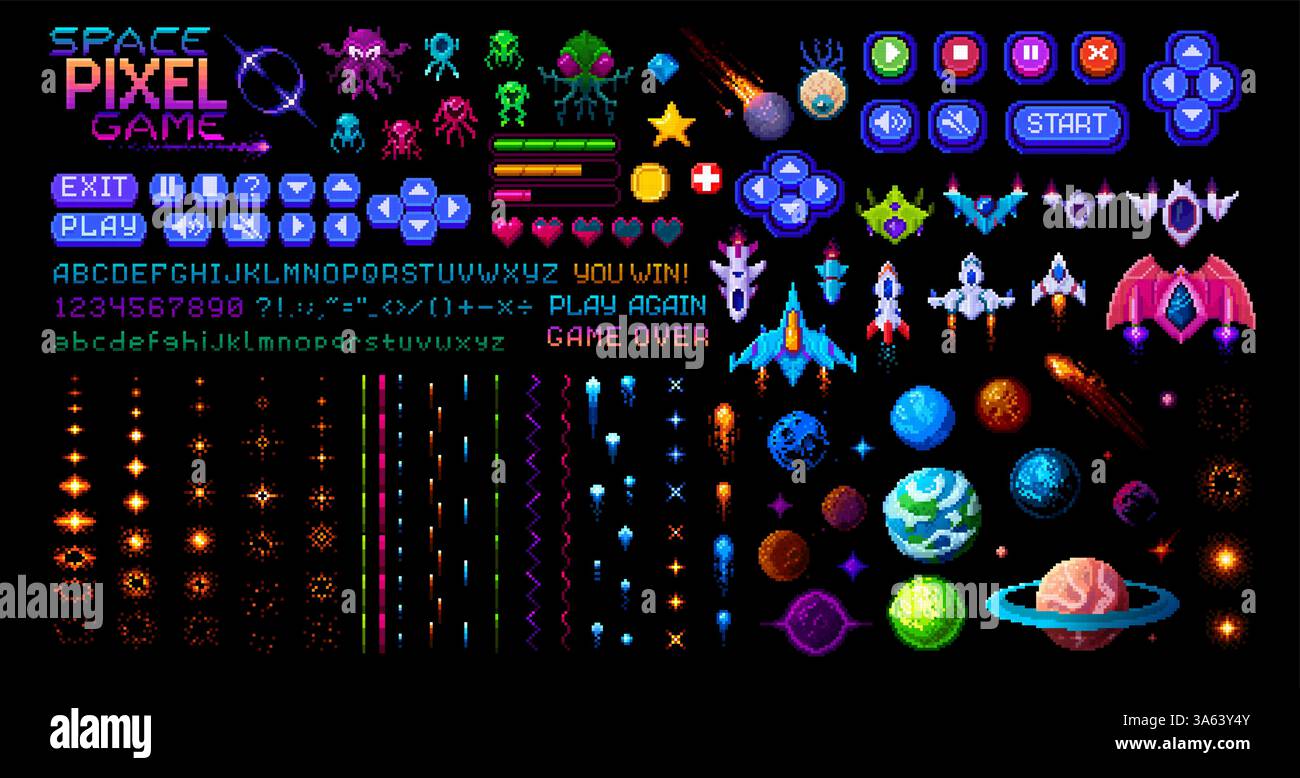 Arcade space 8 bit pixel art game asset. Retro video game interface vector icons set of pixel ...