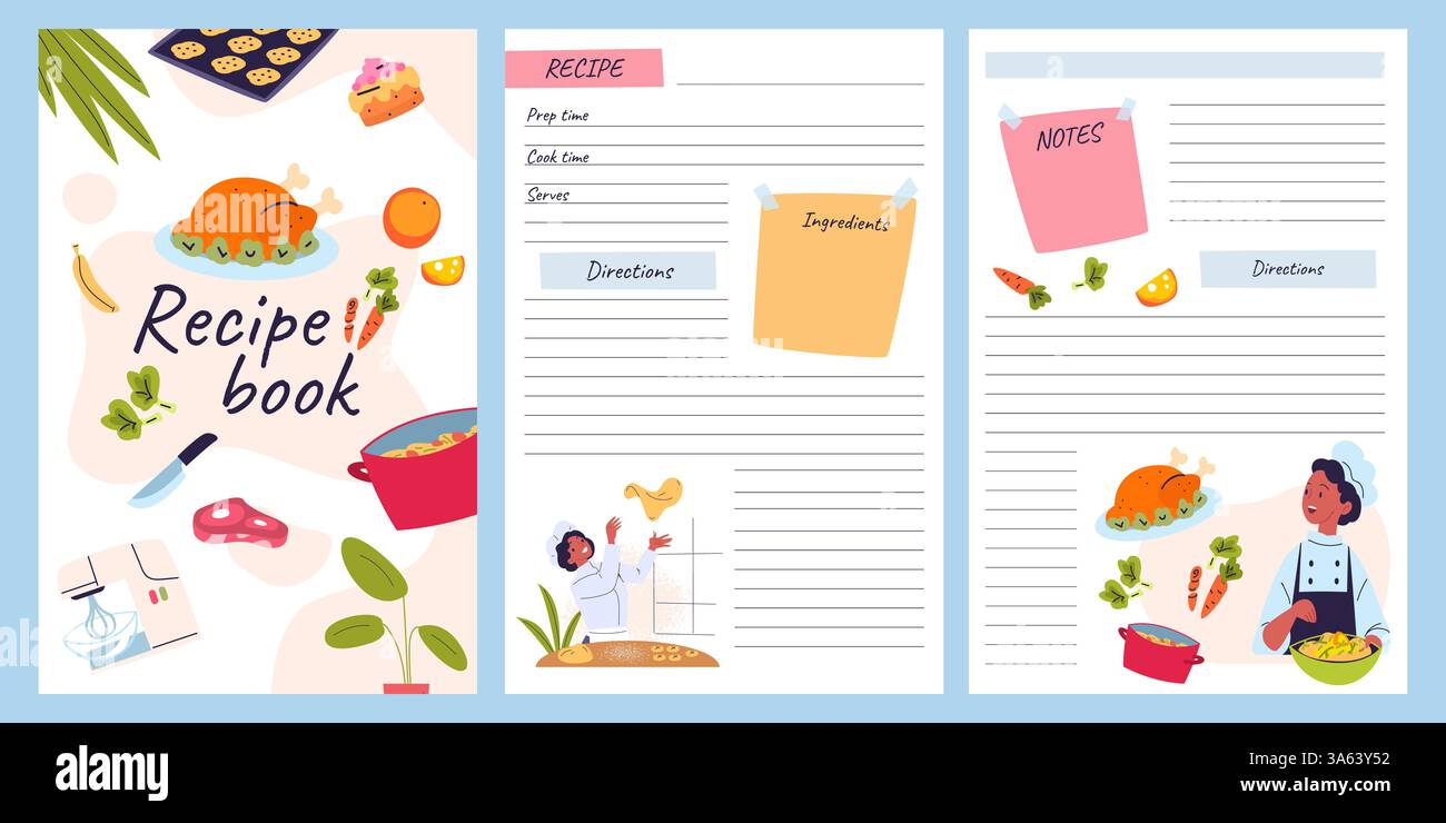 Recipe book pages. Cookbook cartoon template, cooking food recipes ...