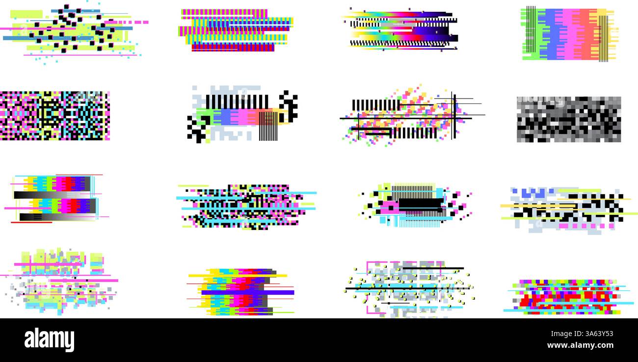 Tv glitch effect set. Screen noise digital artifacts, no signal data interference pixel decay ...