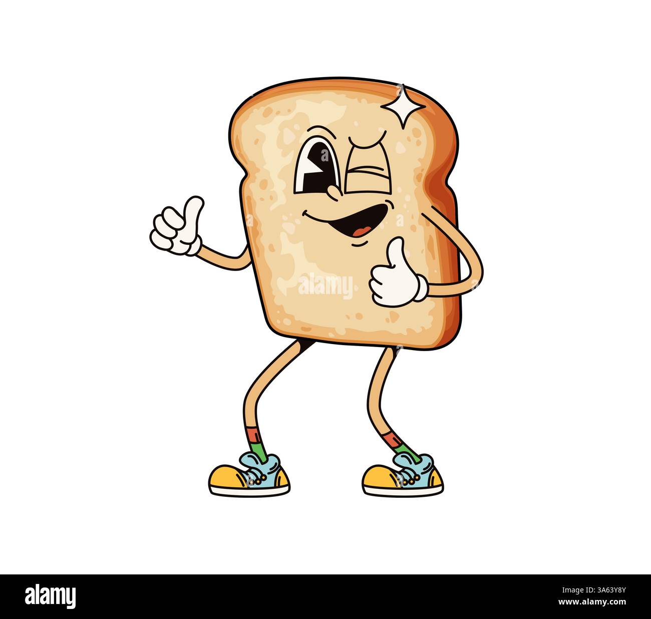 Funny groovy toast bread cartoon character winking with funny smile ...