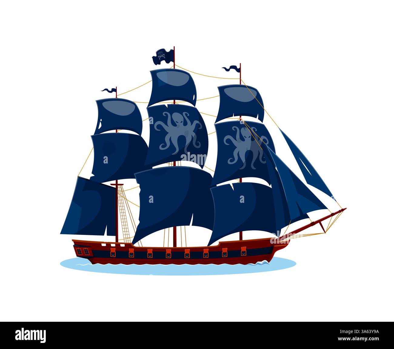 Pirate ship with black sails adorned with octopus kraken monster ...