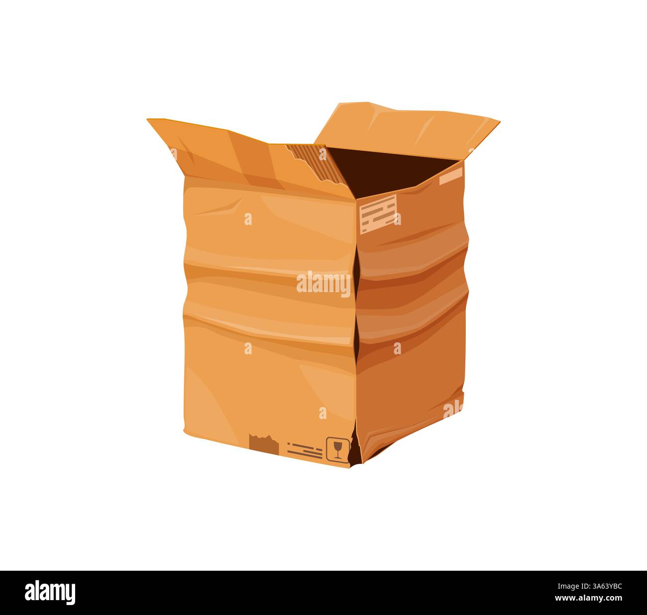 Damaged and crumpled cardboard box. Broken, crushed and ripped cargo ...