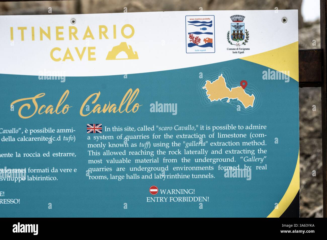 Information signage for Itinerario Cave, known as Scalo Cavello, which ...
