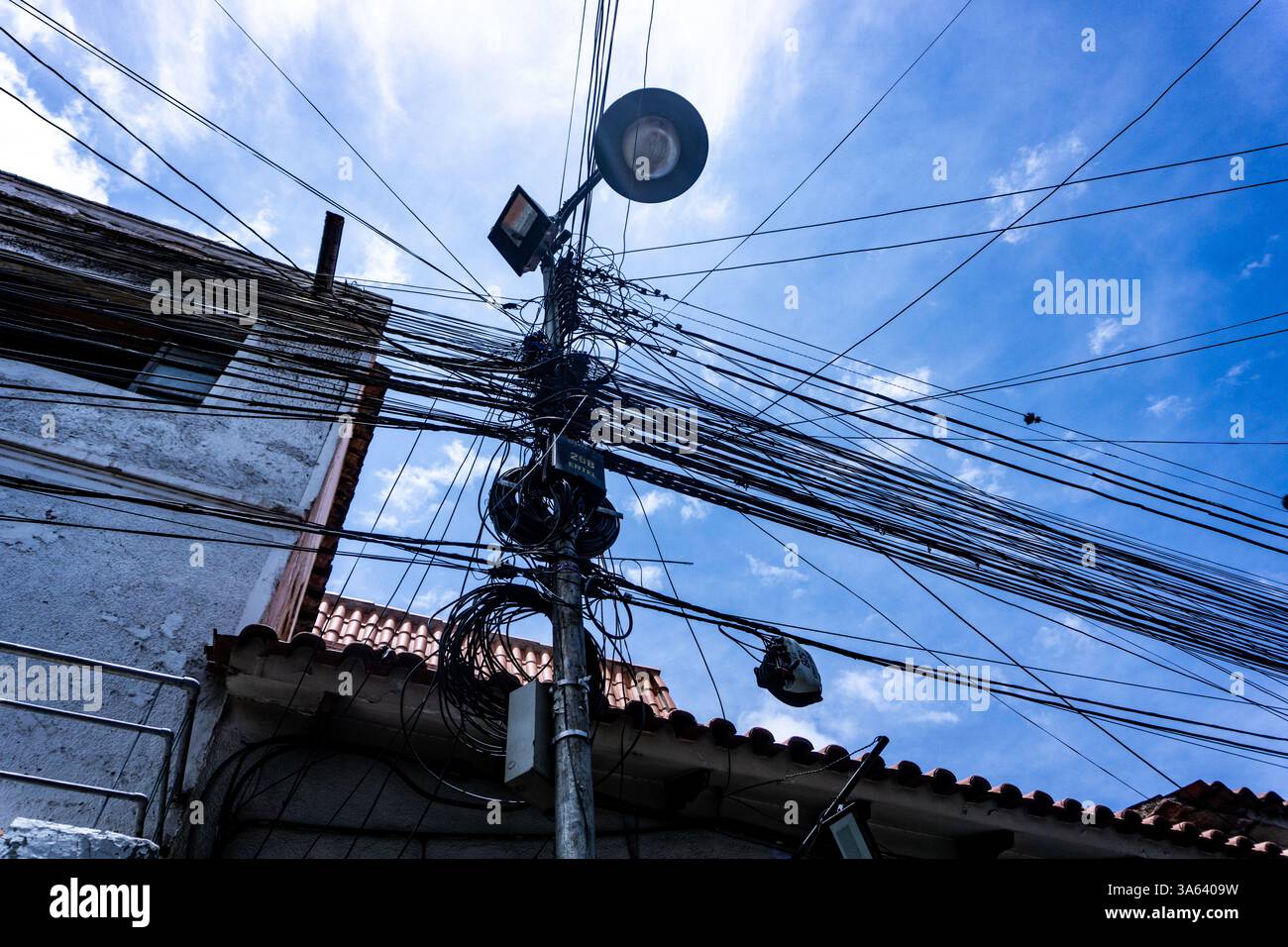 Close-Up of Electric Wires and Cables Above a Traditional Street in ...
