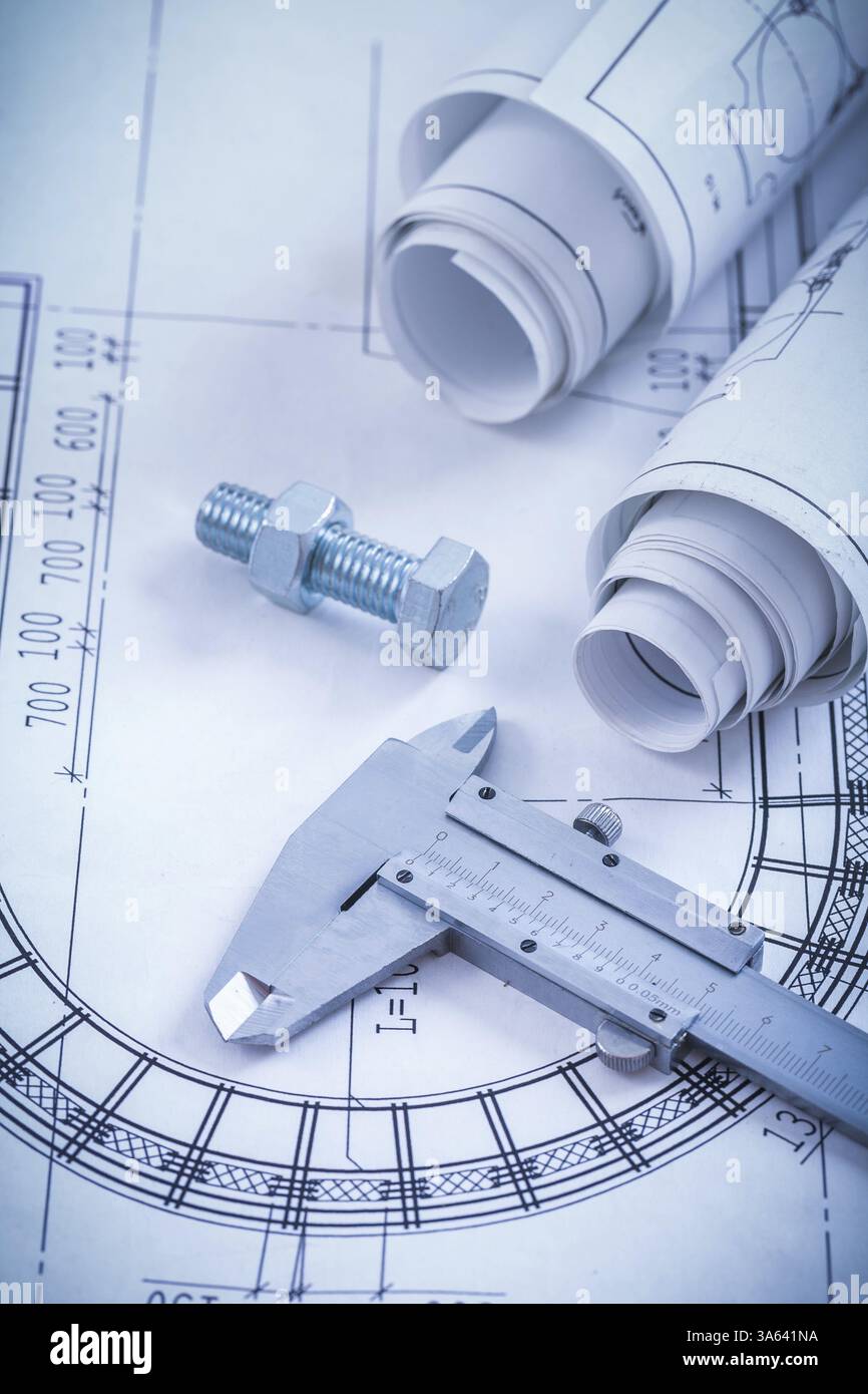 Close up image of construction drawings screw bolt with nut trammel ...