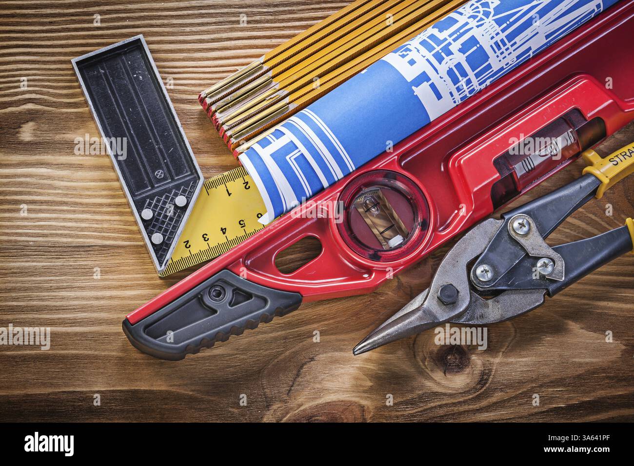 Construction level tin snips engineering drawing wooden meter square ...