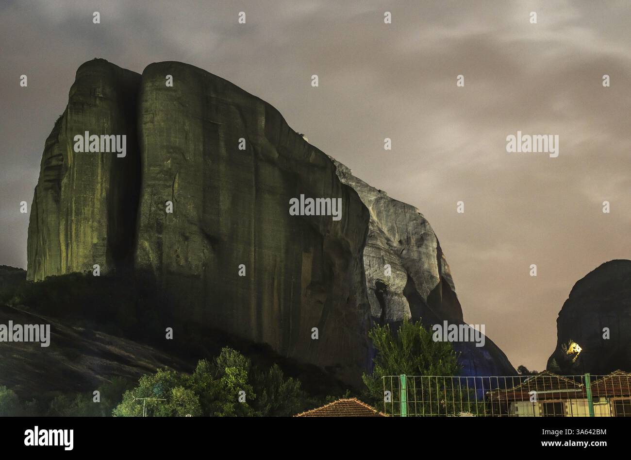 Meteora in Greece in the night. Meteora is the monasteries on the top ...