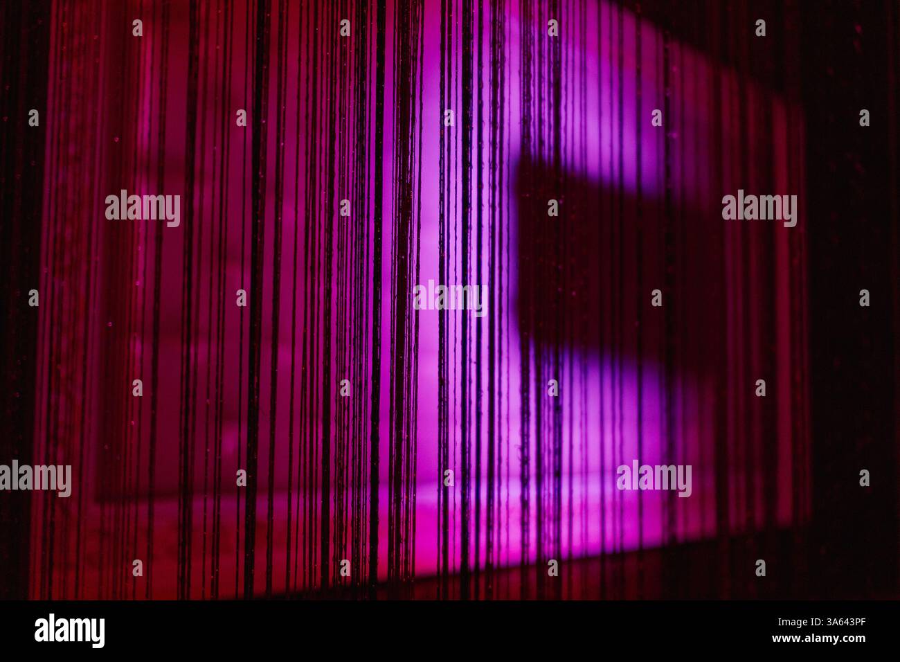 Beautiful curtains with threads in a cafe through which color light ...