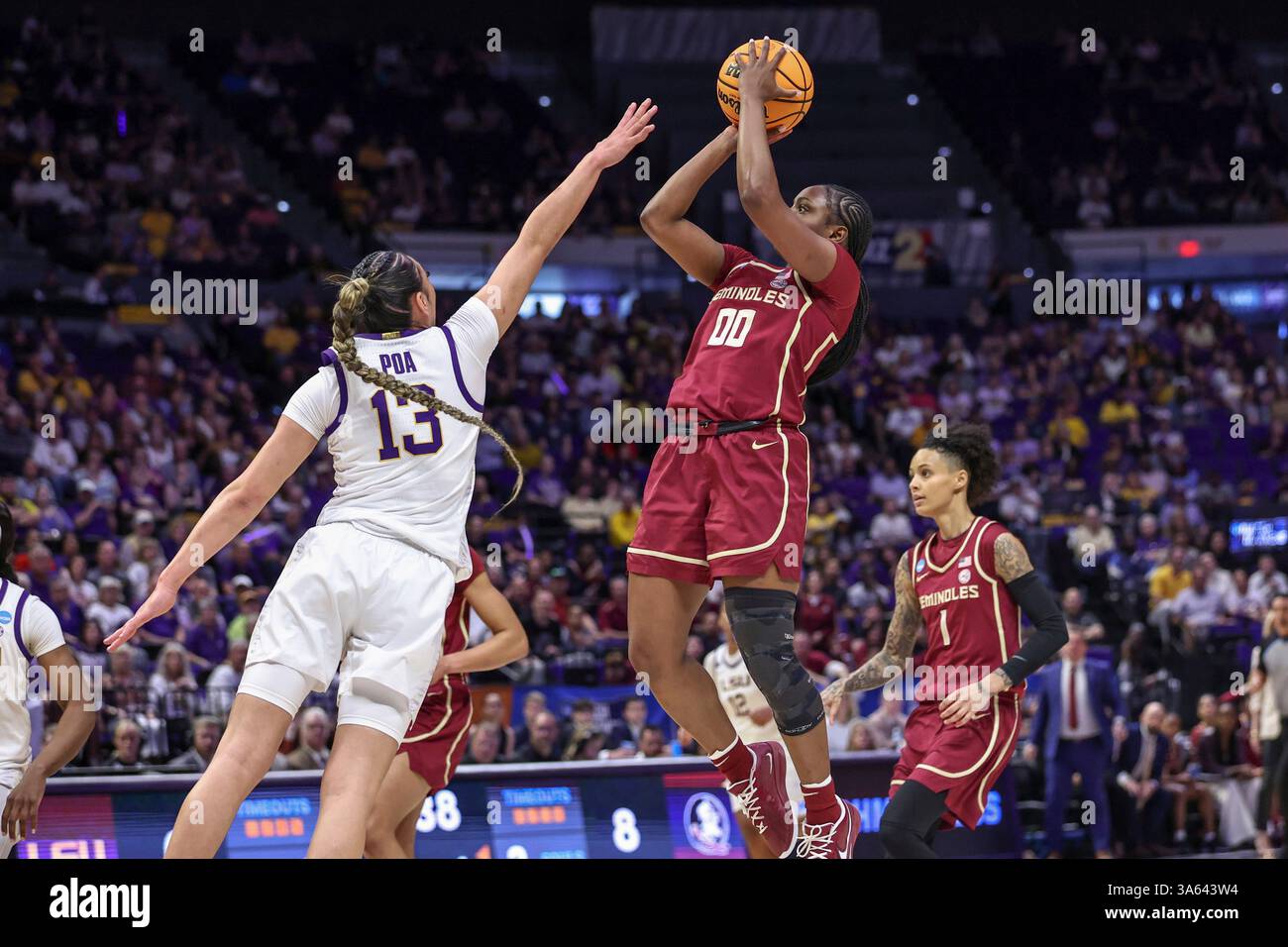 March 24, 2025: Florida St. TaNiya Latson (00) takes a shot over LSU's ...