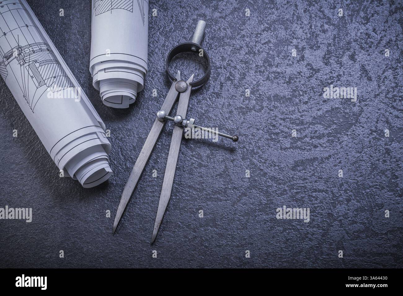 Construction plans pair of compasses on black background maintenance ...