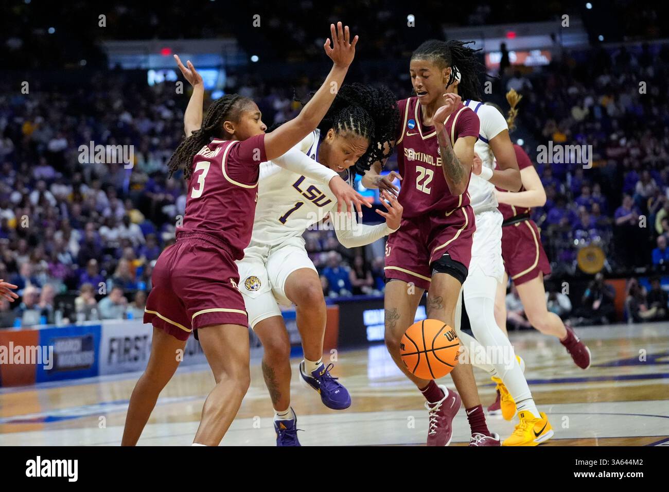LSU guard Mjracle Sheppard (1) loses the ball as she drives to the ...