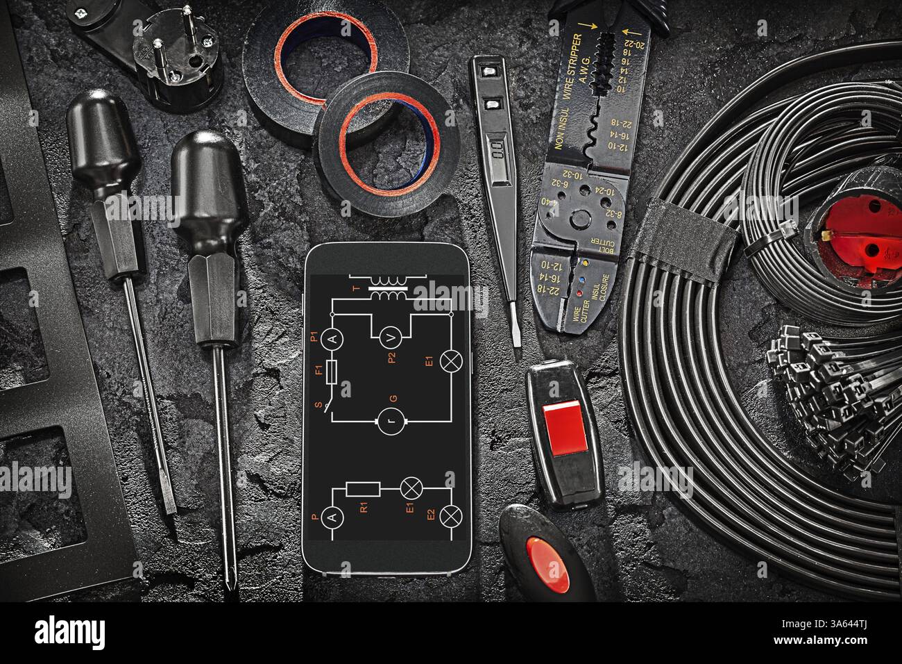 Big Black Electric Tools Set Smartphone Display With Blueprint On ...