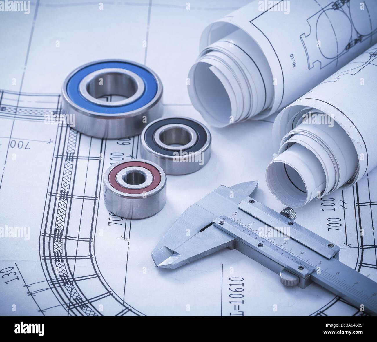 Close up image of construction drawings slide caliper rolling bearings ...