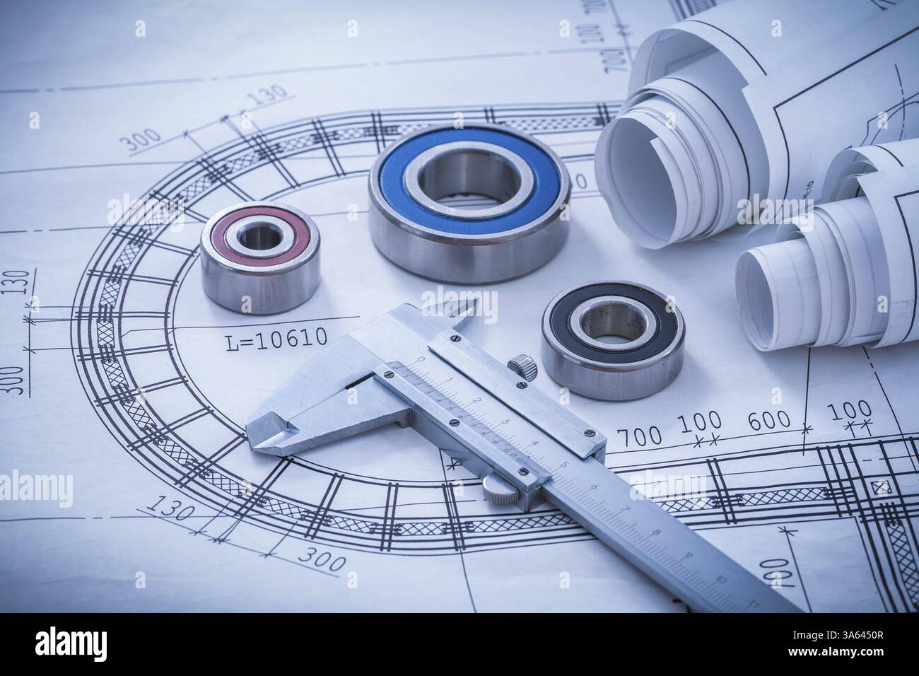 Construction plans caliper roller bearings on blueprint architecture ...