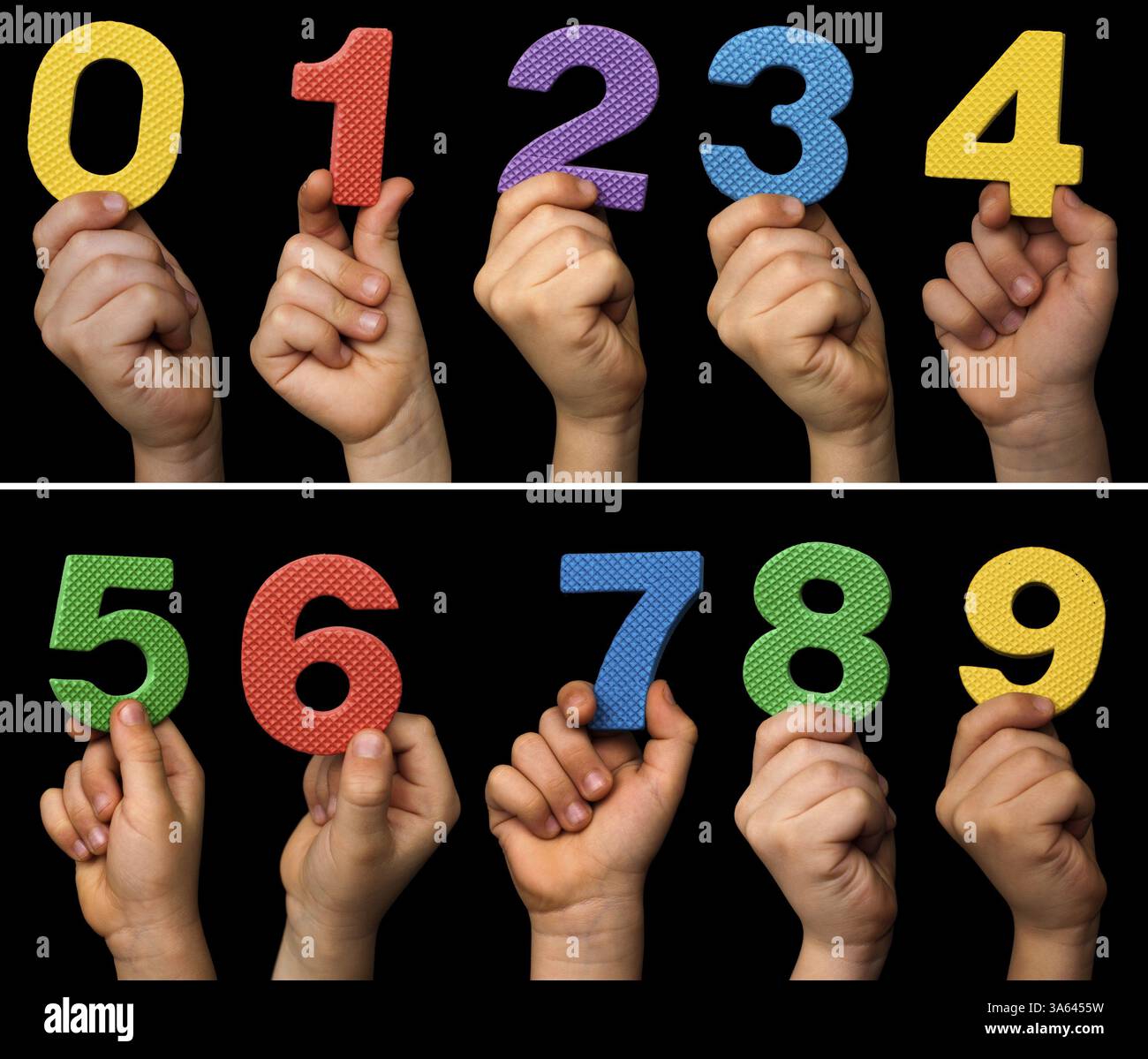Children hands holding numbers. Black isolated multicolor numbers Stock ...