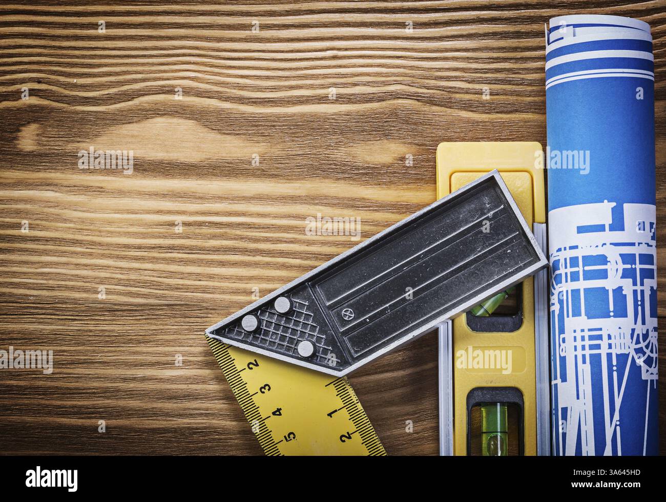 Blue construction drawing level try square on wooden board Stock Photo ...