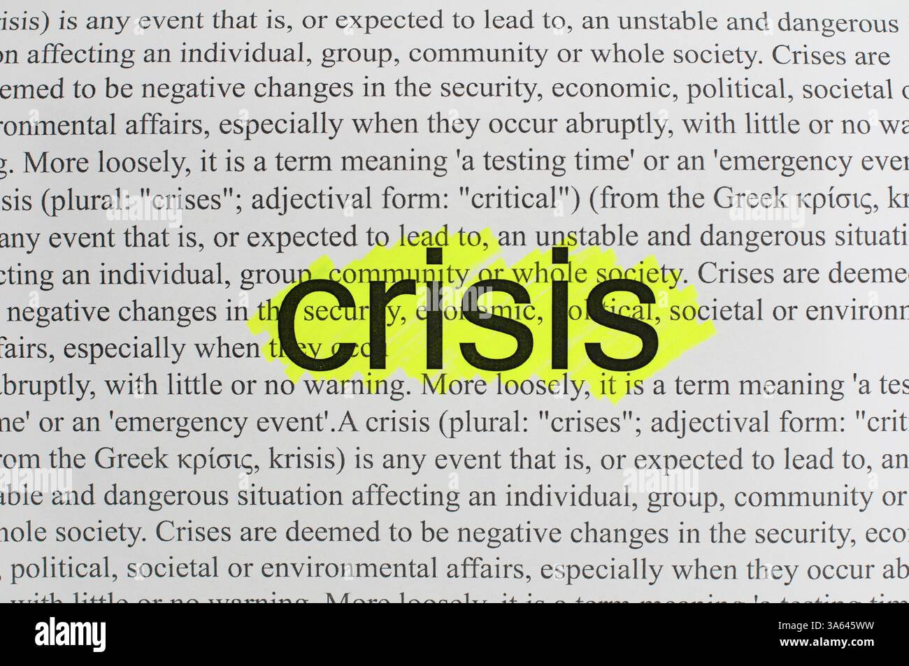 Typed text Crisis on white paper.Yellow marked Stock Photo - Alamy