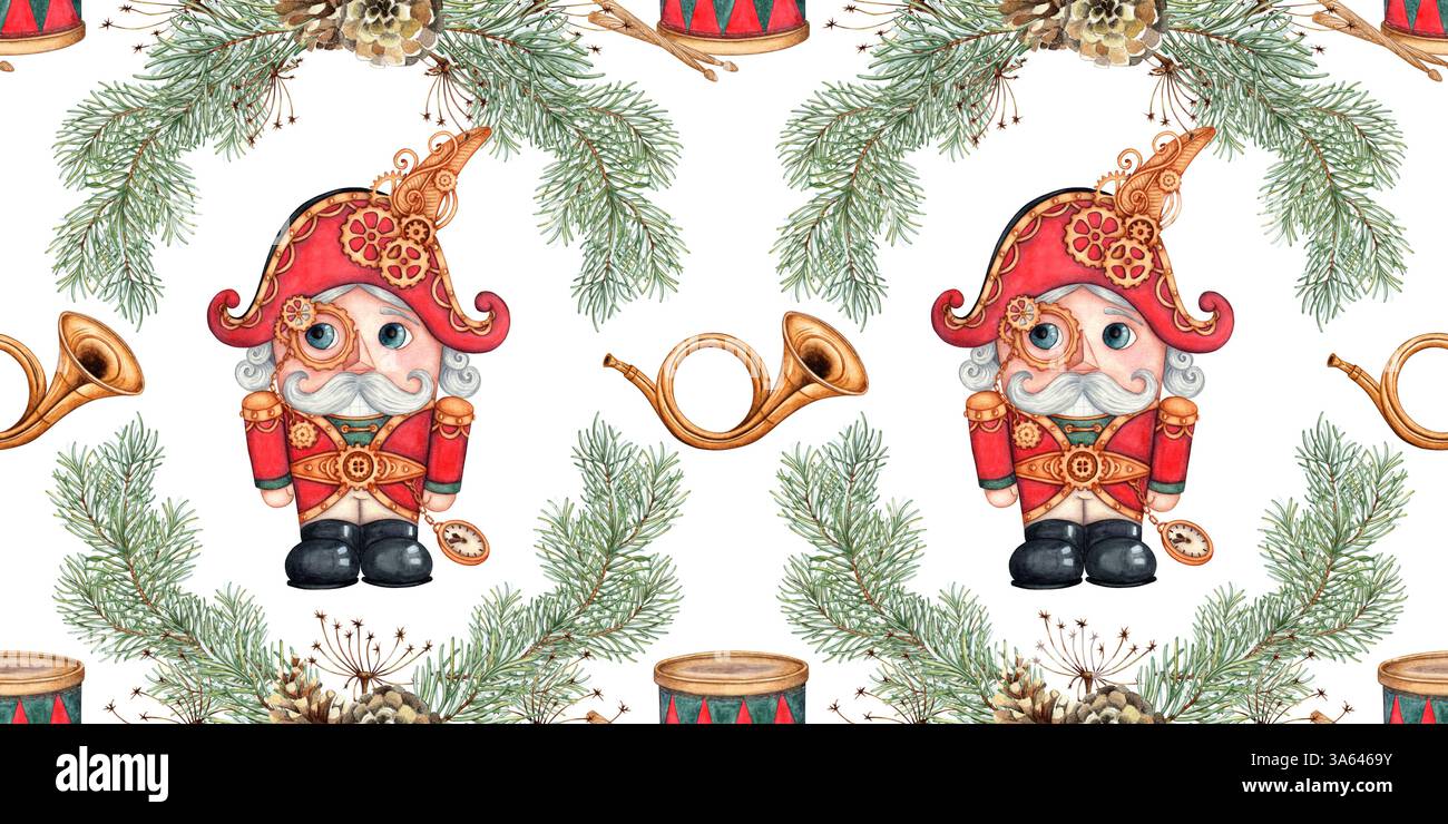 Nutcracker, drum, bugle, fir branches, grass, pine cones, in a ...