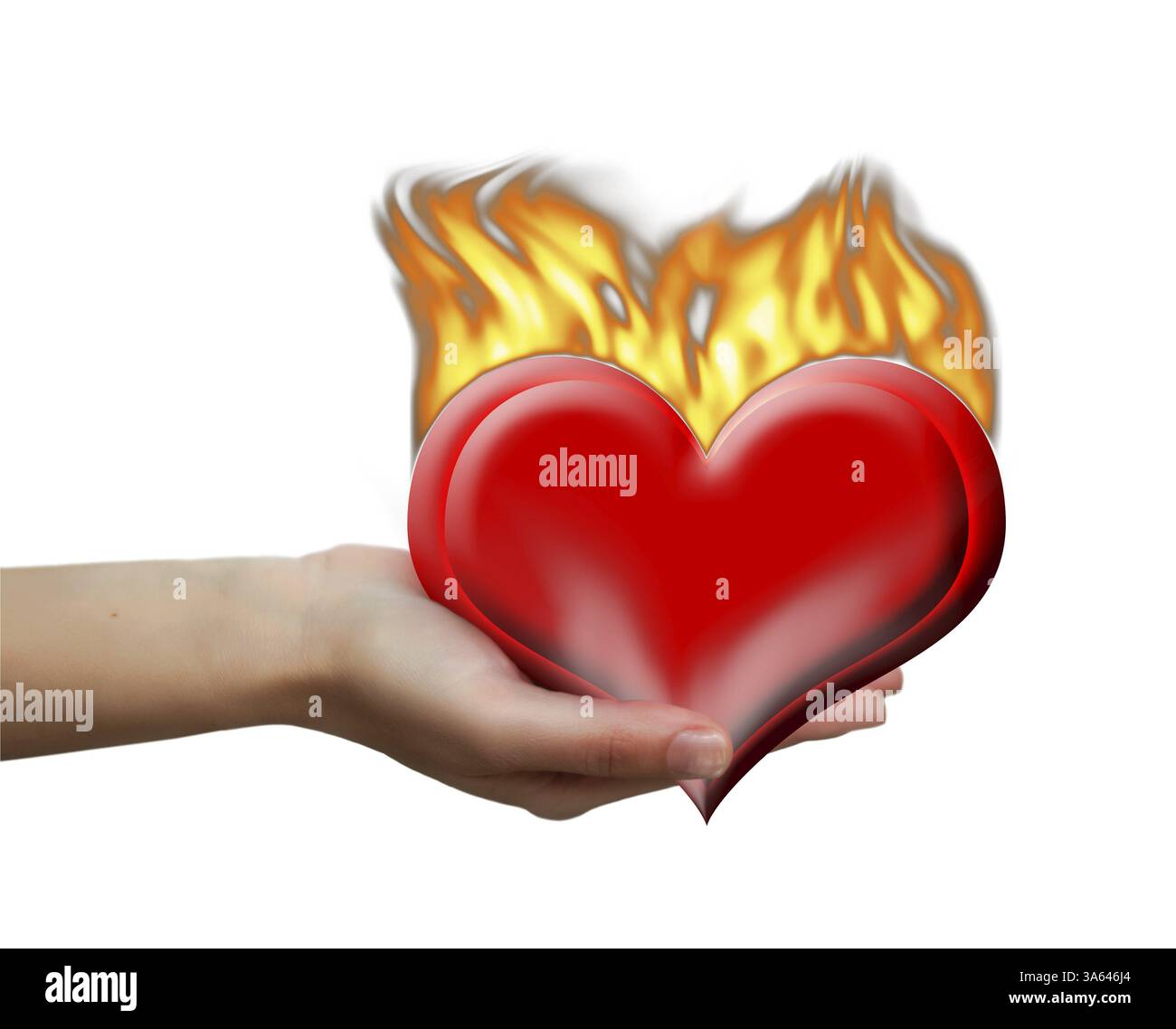 Hand keep heart in Fire. Computer Graphics.White isolated Stock Photo ...