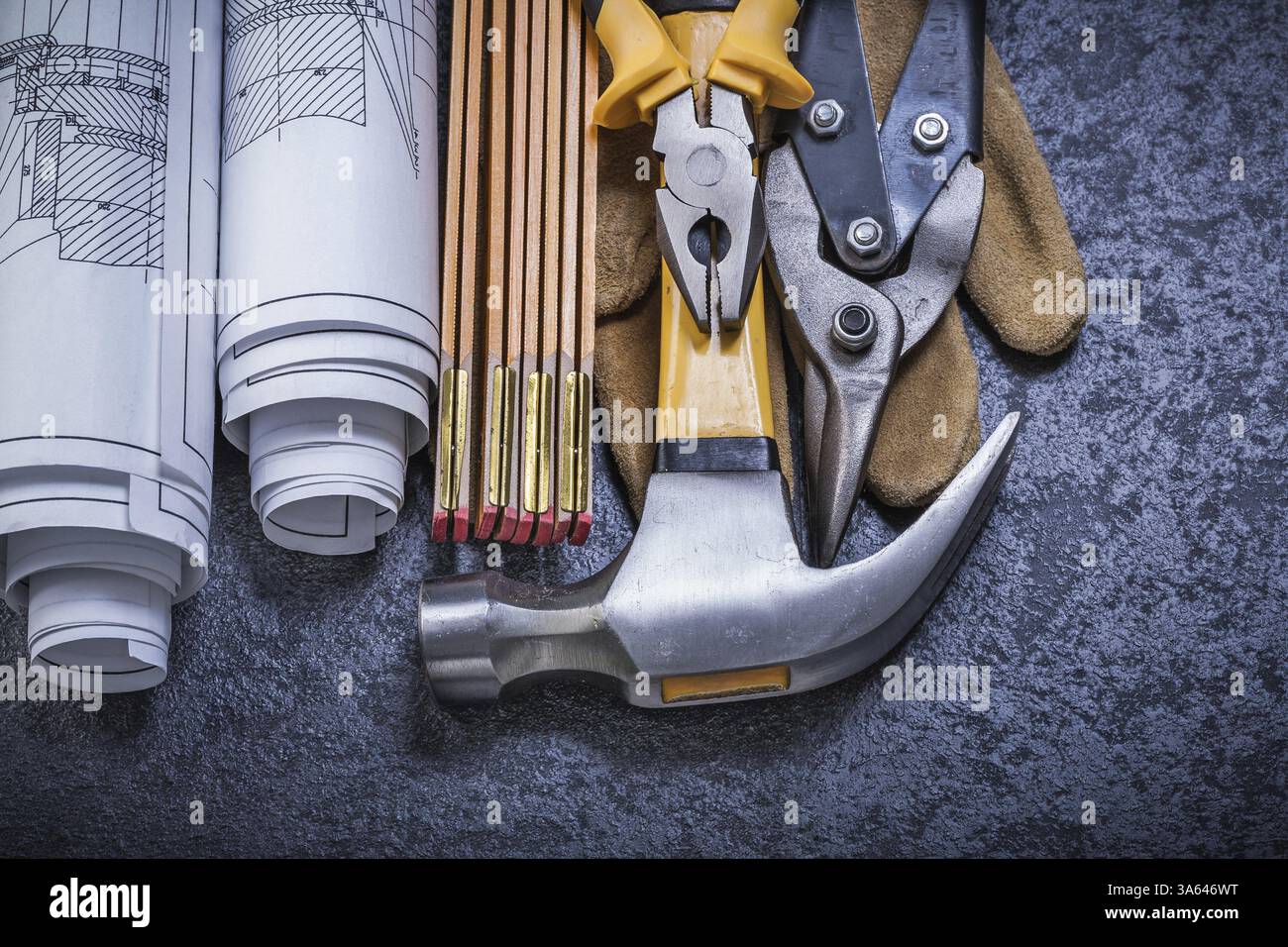 Blueprints wooden meter tin snips pliers safety glove claw hammer Stock ...