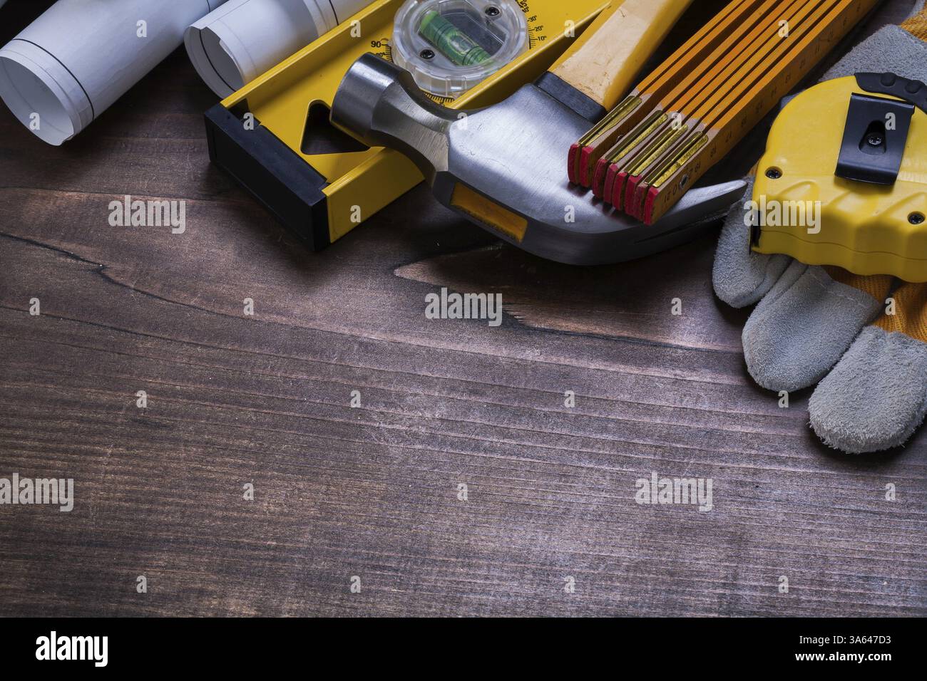 Pine wooden vintage board with composition of building objects ...