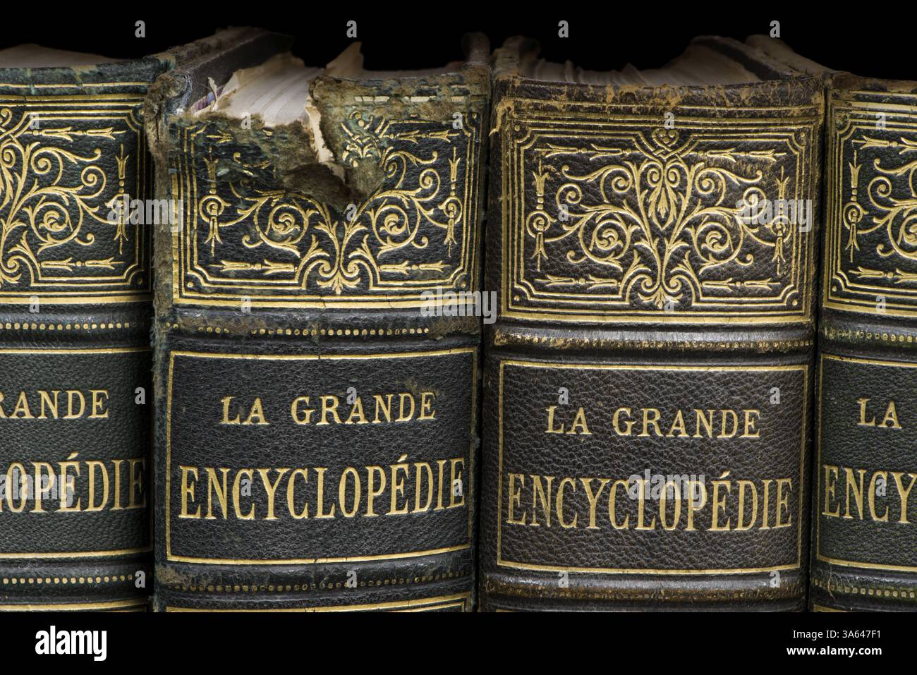 Old books on shelf. French encyclopedia. Close up shot Stock Photo - Alamy