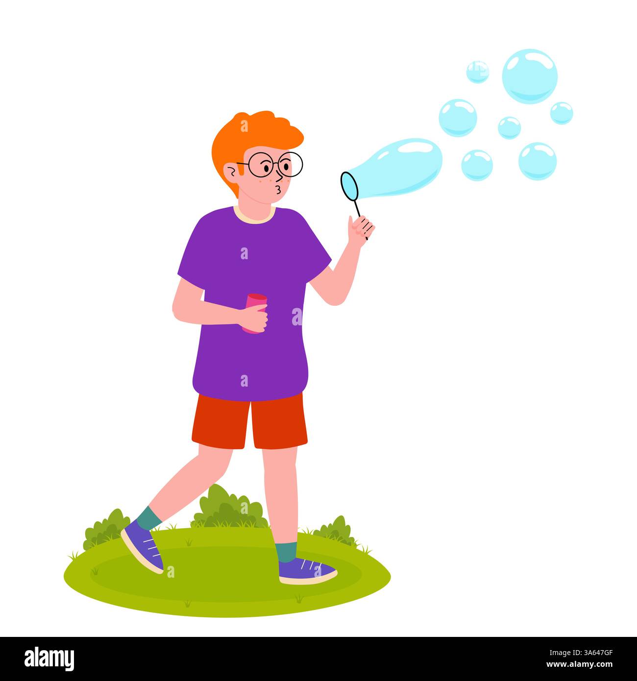 Boy blowing bubbles in a park on a sunny day enjoying outdoor playtime ...