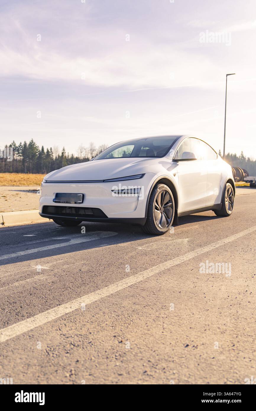 White electric car parked on the road with trees and clear sky, Tesla ...