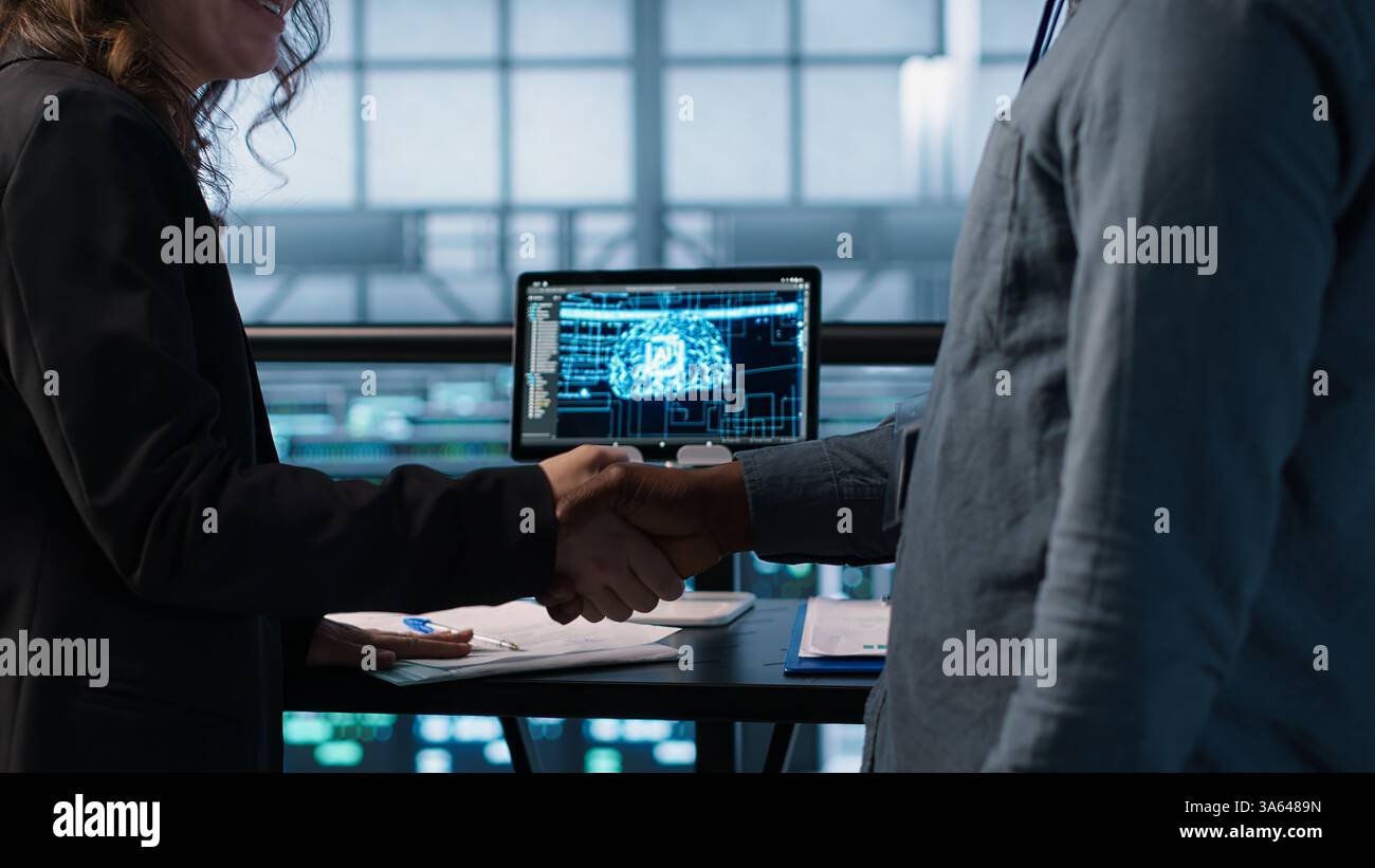 Manager meeting with client in data center using artificial ...