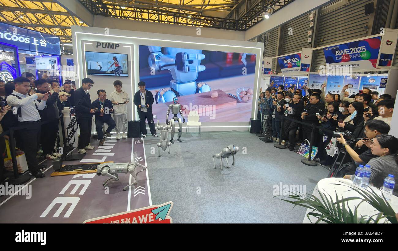 SHANGHAI, CHINA - MARCH 20, 2025 - Visitors visit UNITREE G1 humanoid robot and Go2 Quadruped ...