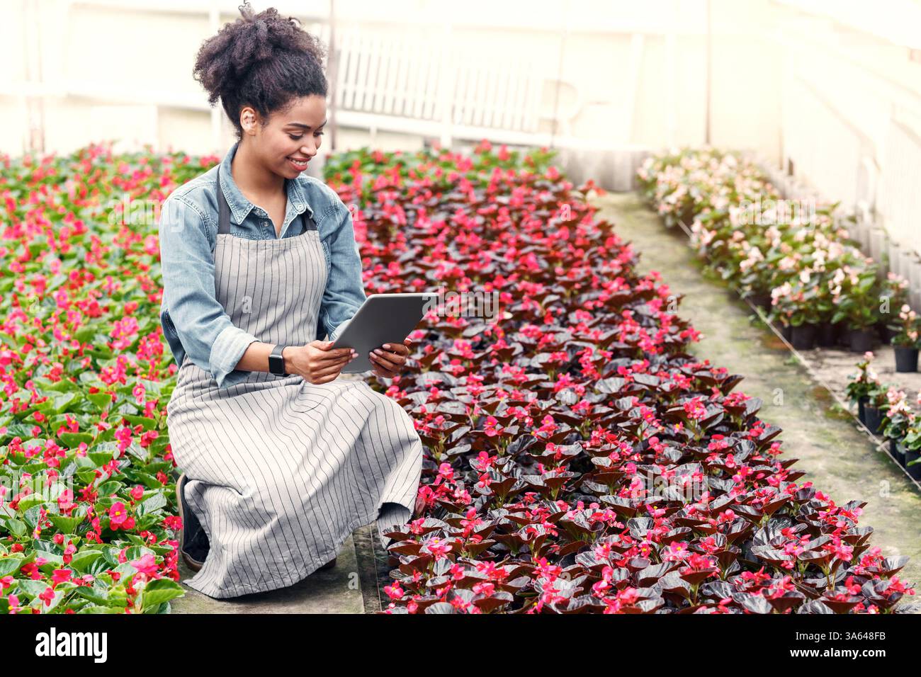 Work on farm and in flower garden. Woman in apron controls work of greenhouse and look at ...
