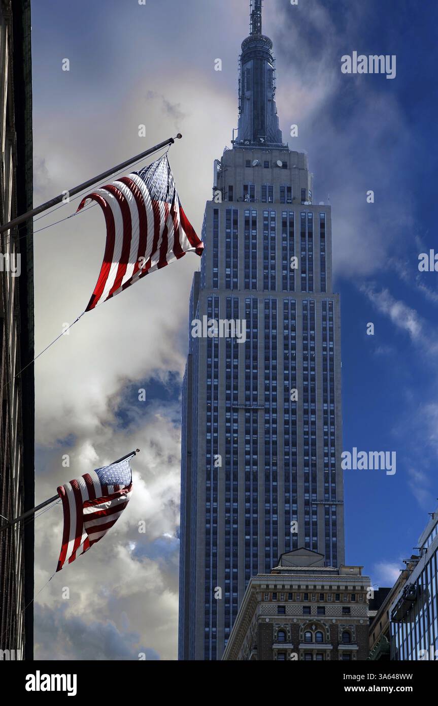 Waving Us Flag With Empire State Building New York City Usa North