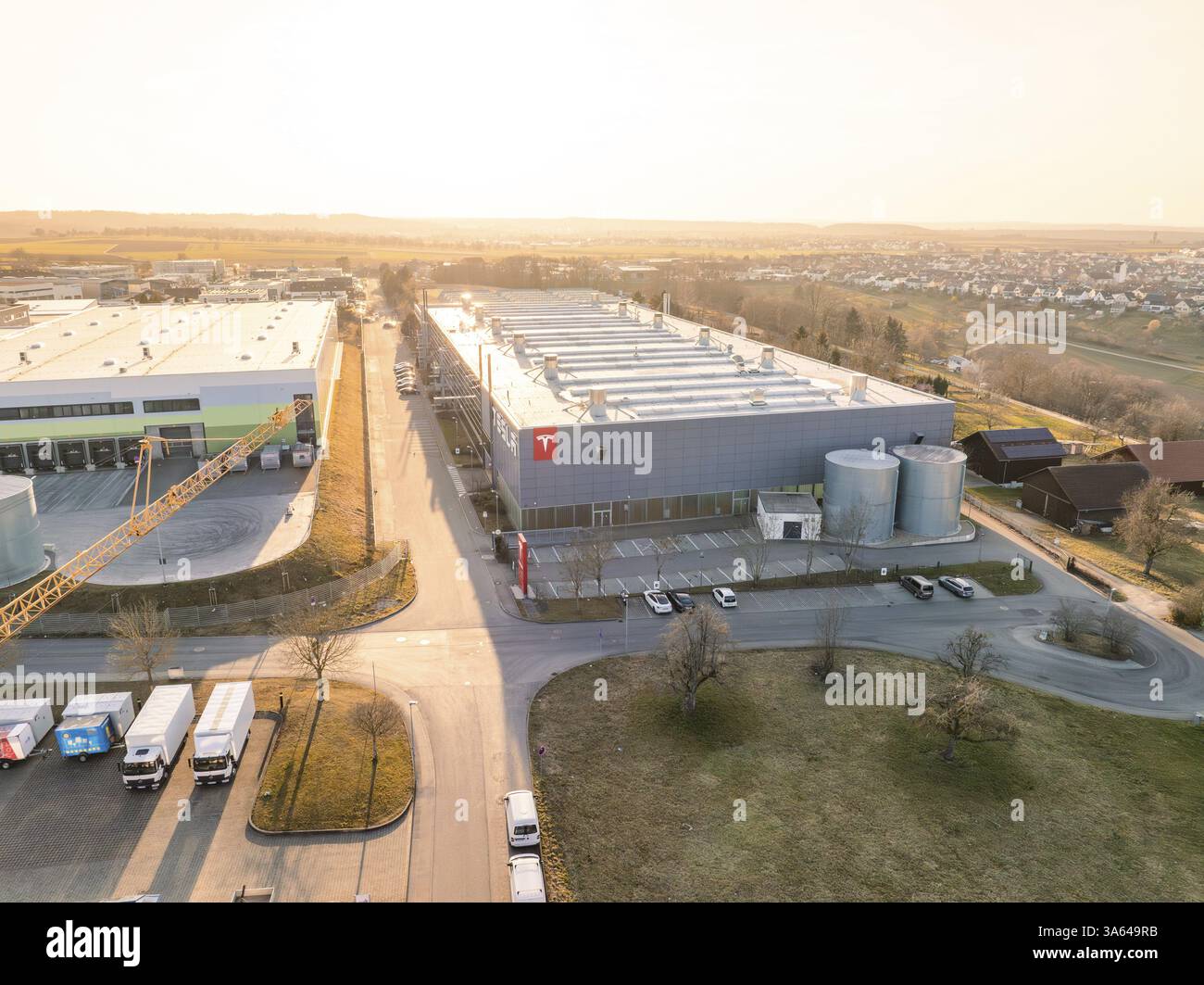 Aerial view of an industrial park with several buildings and roads ...