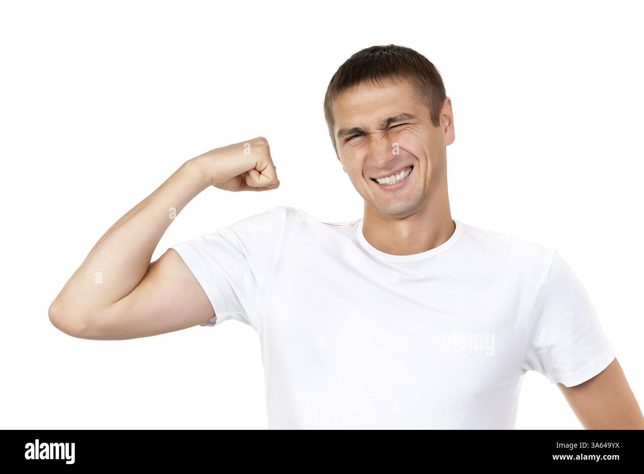 Portrait of young handsome dark-haired man wearing white t-shirt ...