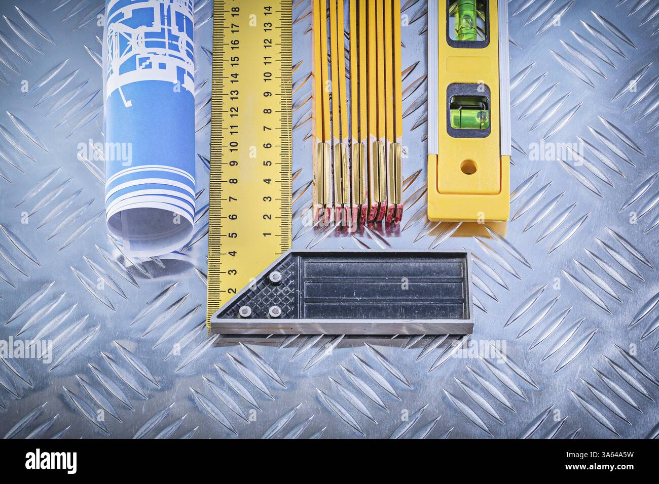 Construction drawings level wooden meter try square on grooved metal ...