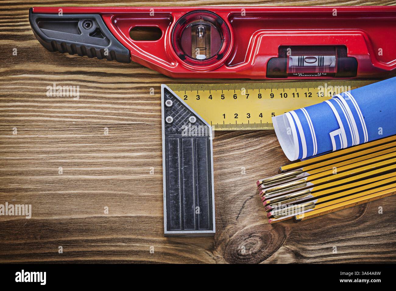 Construction level blue blueprint wooden meter try square on vintage ...